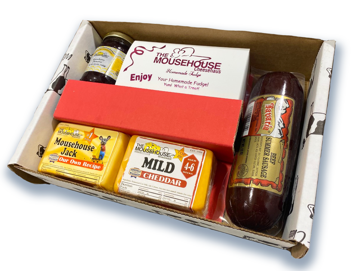 Wisconsin Cheese, Fudge, Jam & Sausage Gift Box 412 – Mousehouse Cheesehaus